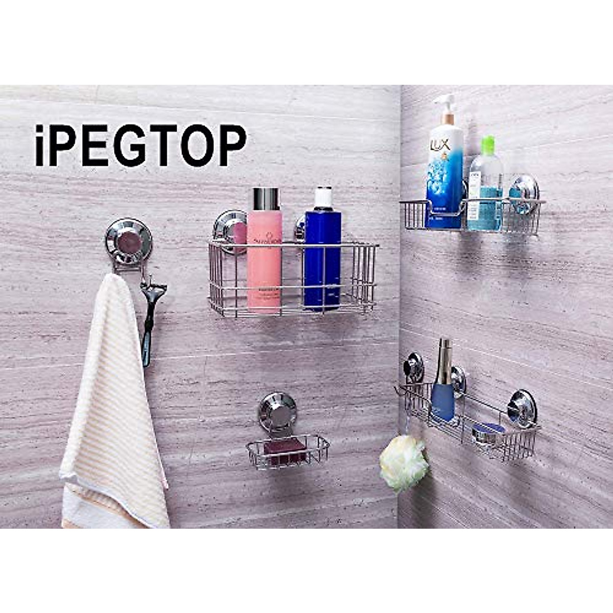 iPEGTOP Shower Caddy Basket Shelf & Soap Dish Holder & Bath Hook for Bathroom Shampoo Conditioner Kitchen Storage Organizer Rustproof Stainless Steel, No Drilling Suction Cup - 3 Pack