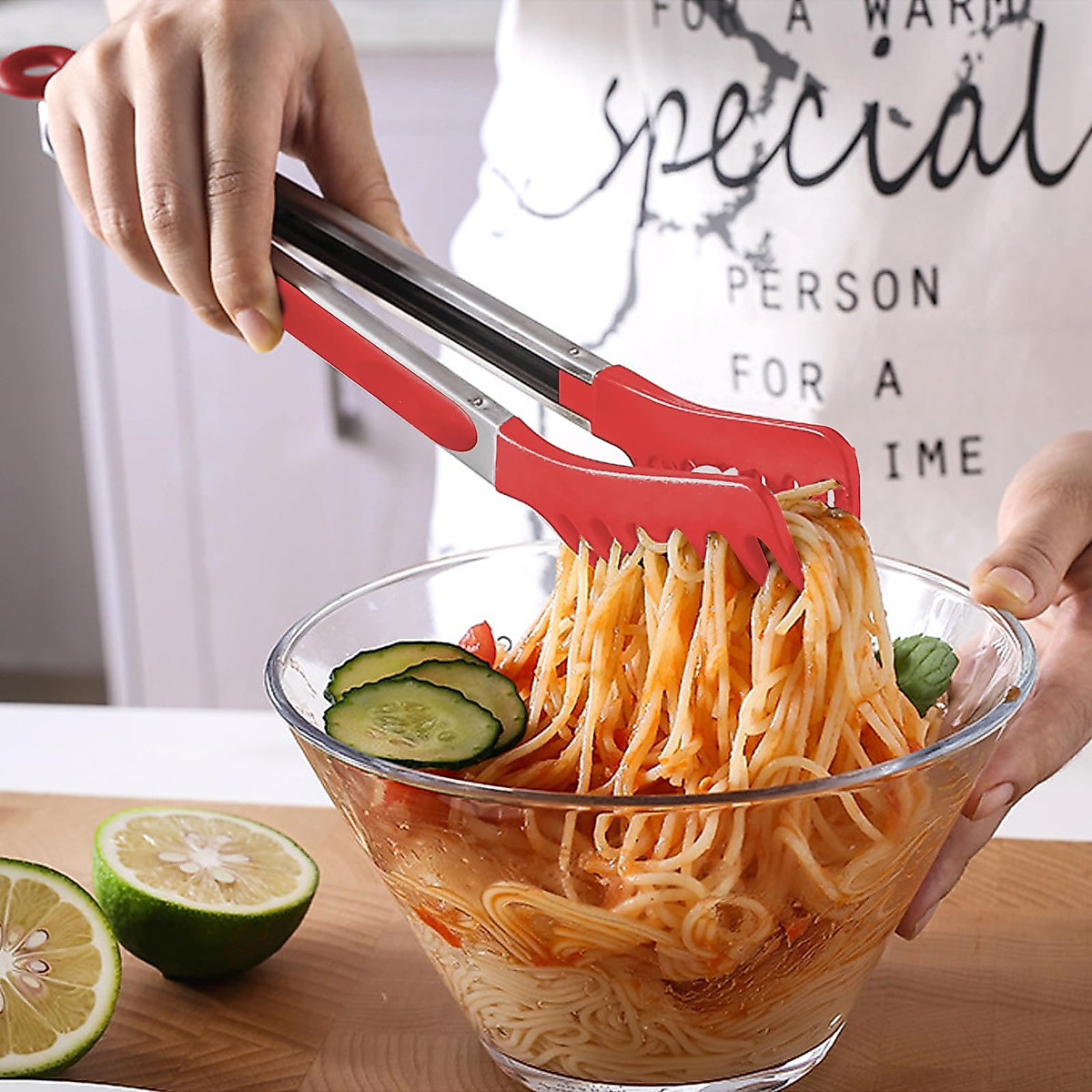 2 Pieces Spaghetti Spoon and Pasta Tong,Non-stick 13-Inch Silicone Spaghetti Fork and 9.8-Inch Stainless Steel Handle Spaghetti Tong Food Clip for Spaghetti Noodle (Red)