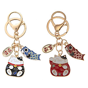NUOBESTY Maneki Neko Lucky Cat Keychain: Japanese Beckoning Cat Keyring Fengshui Fortune Key Chains for Wealth Fortune