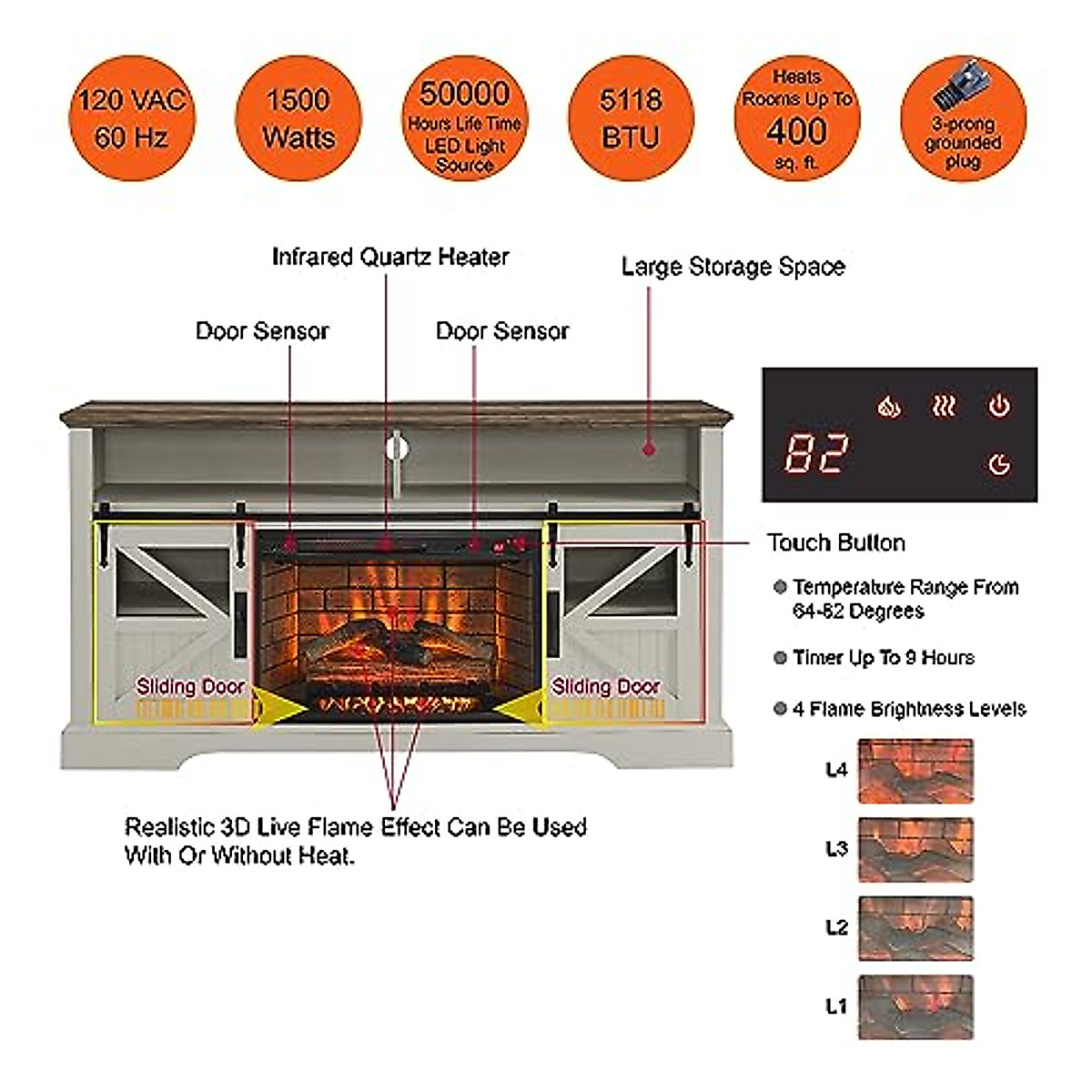 KELRIA Fireplace Stand for 60 Inch TVs, Rustic Entertainment Center w/26 Electricfireplaces Sensor, Wood Media Console Cabinet with Sliding Barn Door & Open Shelf, for Living Room, Jasmine White