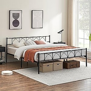 IDEALHOUSE King Size Sturdy Modern Stylish Iron Bed Frame with Headboard and Footboard Metal Platform Bed - Simple Assembly, No Box Spring Needed, Under Bed Storage