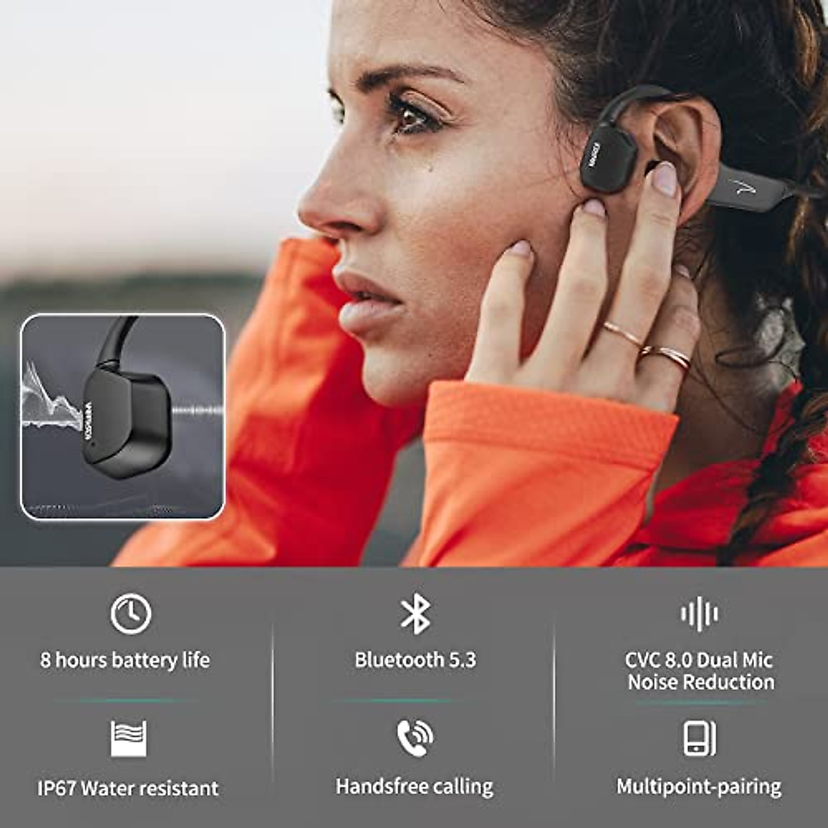 MAIRDI Bone Conduction Headphone Bluetooth 5.3 - Open Ear Sport Headphones Wireless with AI Noise Canceling Microphone, 8H Hours Playtime, Headset Waterproof for Running Workouts Driving