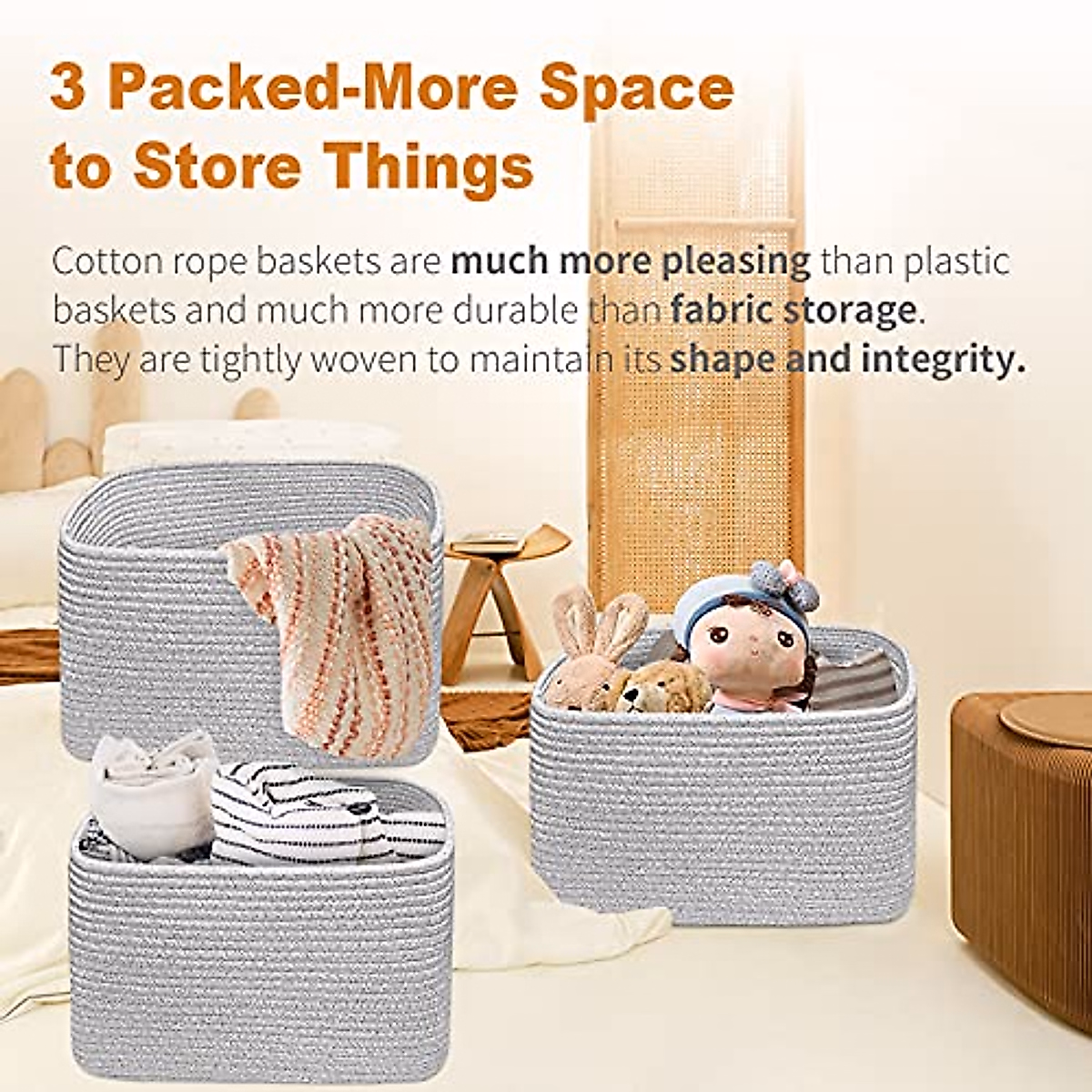Desihum 3 Pack Cotton Rope Basket for Organizing, Woven Storage Basket with Handle, Decorative Baby Nursery Blanket Baskets Living Room Bin for Kids Clothes, Toys, Books, Fruit, Towel, 15×10 × 9 inch