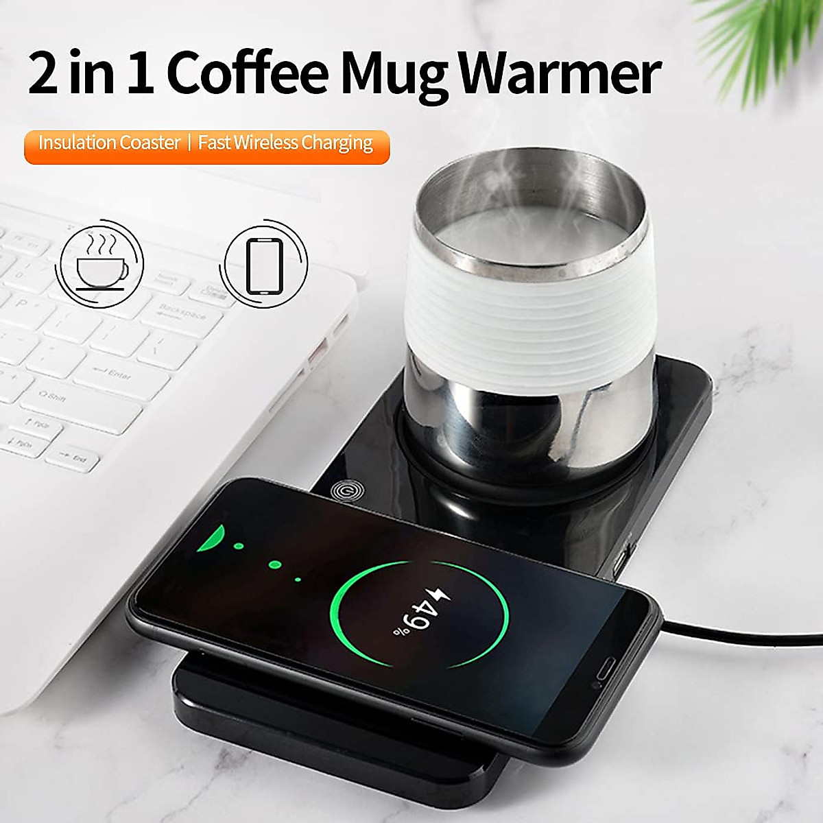 eboxer 1 Coffee Mug Warmer, 2 in 1 Phone QI Wireless Charger Drink Heating Warmer Magnetic USB Charging, Constant Temperature 13155 for OfficeHome to Warm Tea, Milk default
