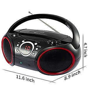 SINGING WOOD 030C Portable CD Player Boombox with AM FM Stereo Radio, Aux Line in, Headphone Jack, Supported AC or Battery Powered (Black with a Touch of Red Rims)