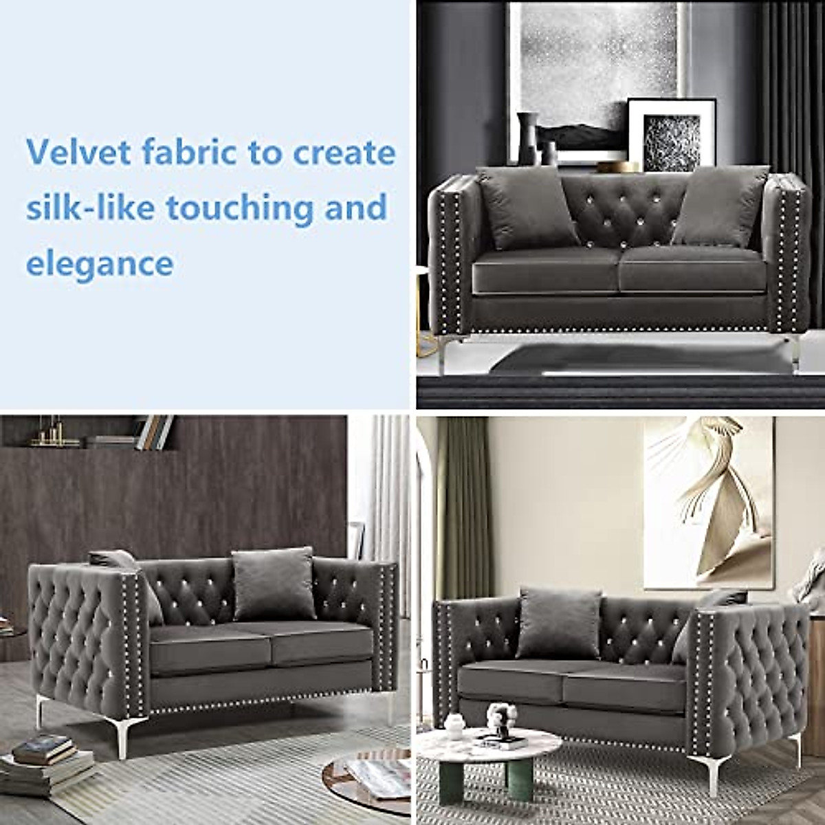 mikibama Velvet Loveseat with Jeweled Buttons and Square Arms 59 Inch Tufted Sofa with Trimmed Nailhead and Metal Legs Loveseat Couch with 2 Pillows for Living Room, Bedroom and Office (Gray)