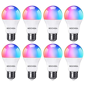 Mochiba Smart WiFi LED Light Bulbs, Compatible with Alexa and Google Home Assistant, Music Sync Multi Color Changing Bulb, A19 E26 10W 900LM (80W Equivalent), 8-Pack,White,MKA19