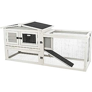 TRIXIE Natura Insulated Rabbit Hutch with Large Run, Hinged Peaked Roof, 2-Story with Ramp, for Rabbits or Guinea Pigs, Gray/White