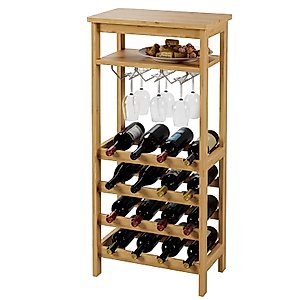 Bamboo Wine Rack, Wine Rack Freestanding Floor with Glass Holder Rack, Tabletop & 16 Bottles Holder, Wine Display Storage Stand for Kitchen, Office, Bar