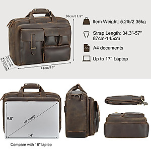 TIDING Full Grain Leather Briefcase For Men 17.3 Inch Laptop Case Multi Pockets Business Travel Messenger Bag