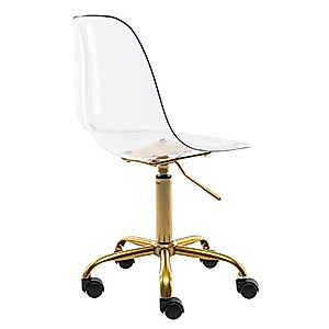 HOMEFUN Clear Rolling Chair, Armless Acrylic Desk Chair with Golden Feet Swivel Molded Plastic Shell Chair Adjustable Home Office Chair with Wheels, Clear