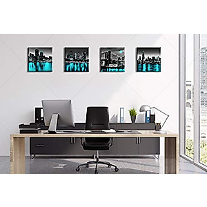 JiazuGo Wall Decorations Chicago Boston Los Angeles Brooklyn Bridge Skyline Canvas Art Black White USA New York City Pictures Teal Turquoise Lake Water Building Cityscape Home Living Room Office
