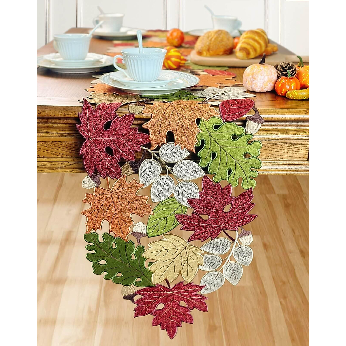 KEVA Fall Table Runner 72inches Long, Autumn Maple Leaves Table Runner 13x72 inch for Thanksgiving Kitchen and Table Decoration, Harvest Fall Farmhouse Rustic Embroidered Thanksgiving Table Runner