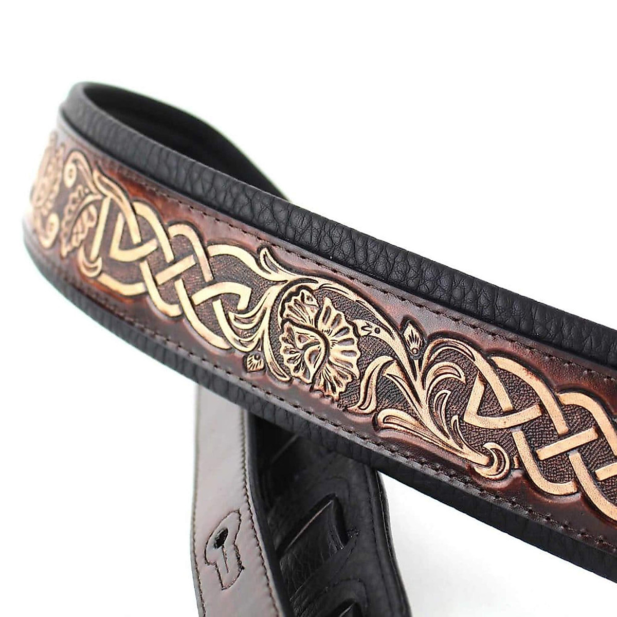 Walker & Williams KB-05-BRN Dark Walnut Full Grain Center Block Carving Leather Padded Guitar Strap With Aged White Celtic Chain