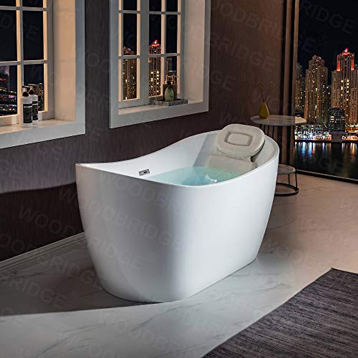 WOODBRIDGE 59" Acrylic Freestanding Bathtub Contemporary Soaking White Tub with Chrome Overflow and Drain，B0016 -C-Drain &O