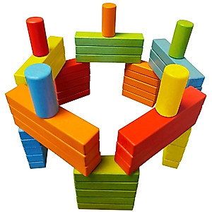 Wooden Bricks 45 Magnetic Building Blocks, Magnetic Building Set consisting of 25 Colorful Wooden Bricks with 2 Magnets, 15 Colorful Wooden Bricks with 3 Magnets, 5 Colorful Wooden risers