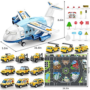 TEMI Mist Spay Storage Transport Plane Cargo with 6 Free Wheel Diecast Construction Vehicles and Playmat, Kids Toy Jet Aircraft with Lights & Sounds for 3 4 5 6 Years Old Boys and Girls