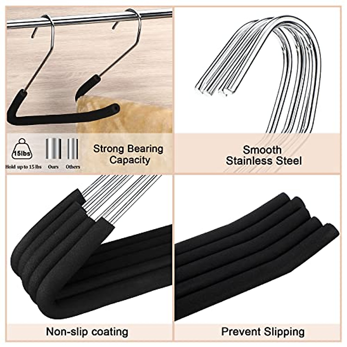 Open Ended Pants Trousers Hangers Foam Coated Pant Hangers Plating Non Slip Anti Rust Chrome Metal Hangers for Closet Easy Slide Pant Jeans Slacks Towel Skirt Organizer, Black (20)