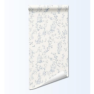 RollsRolla Toile Wallpaper Modern Farmhouse Wallpaper Peel and Stick Wallpaper Vintage Ivory Beige Neutral Blue and White with Birds and Flowers for Accent Wall Bedroom Bathroom