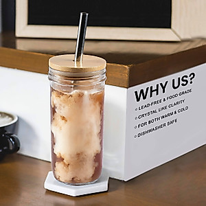 [Pack of 4] Mason Jar Glass Cups With Lids And Straws 24 Oz, Smoothie Boba cup With Bamboo Lids, Reusable Glass Iced Coffee Cups, Wide Mouth Bubble Tea Cup, Leak Proof Glass tumbler Drinking