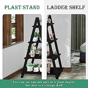 Babion 4-Tier Ladder Shelf, Bookshelf for Small Spaces, Wooden Ladder Bookcase, Storage Rack, Plant Stand Floor Freestanding, Flowerpot Storage Shelf (Black)