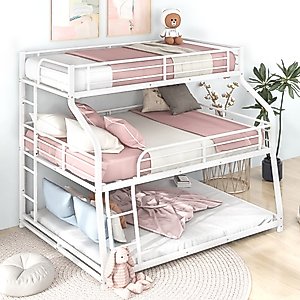 Triple Bunk Beds Twin XL/Full XL/Queen, Made of Heavy Duty Steel with Ladders and Full-Length Guardrails for Boys, Girls, Teens (White)