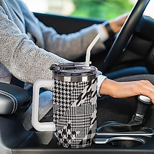Niapessel Leak Proof Tumbler, Insulated Water Bottles with Straw, Houndstooth Black White Insulated Cup with Handle 40 Oz Stainless Steel Flask for School, Travel, Car, Sports, Work