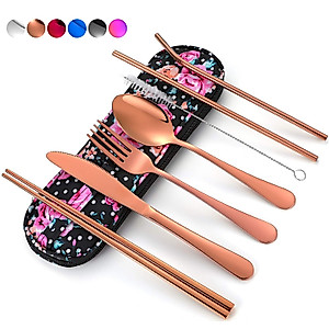 Travel Utensils,Reusable Silverware Set To Go Portable Cutlery Set with a Waterproof Carrying Case for Lunch Boxes Workplace Camping Picnic (Rosegold)