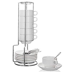AOZITA Espresso Cups and Saucers with Espresso Spoons, Stand Rack, 19-piece Porcelain Stackable Espresso Mugs, 2.5-Ounce Demitasse Cups for Espresso, Latte, Cafe Mocha