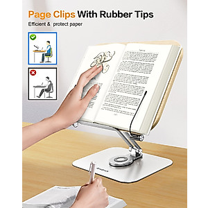 Book Stand for Reading, Amasrich Adjustable Holder with 360° Rotating Base & Page Clips, Foldable Desktop Ricer for Cookbook,Sheet Music,Laptop,Recipe,Textbook,Hands Free,Wood,Aluminium