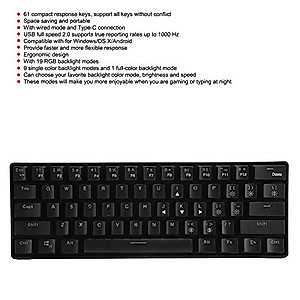 Mechanical Gaming Keyboard, 19 RGB Backlight Modes Gaming Keyboard 61 Keys for Computer Laptop for Pc Gamer