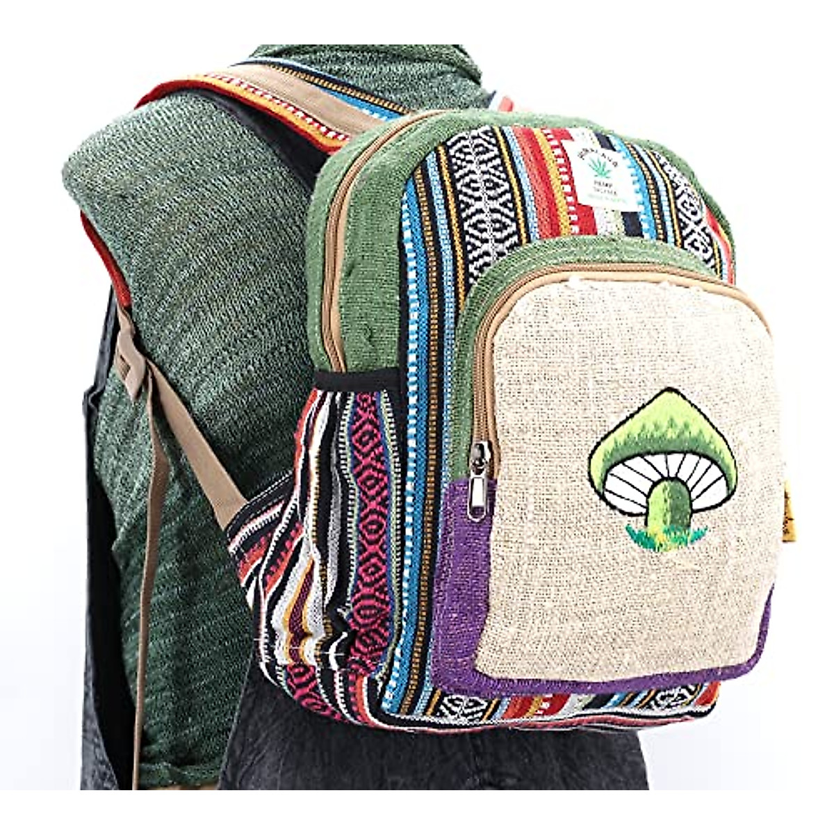 Himalaya Handmade Unique 100% Hemp Backpack Small Backpack Hippie Backpack Festival Backpack Hiking and Laptop Backpack FAIR TRADE with Love Multi/Green Mini