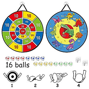 TOMYOU 26" Dart Board for Kids with 16 Sticky Balls, Double Sided Dinosaur Dart Board, Indoor Outdoor Party Games Toys, Birthday Toys Gift for Age 5 6 7 8 9 10 11 12 Year Old Boys Girls