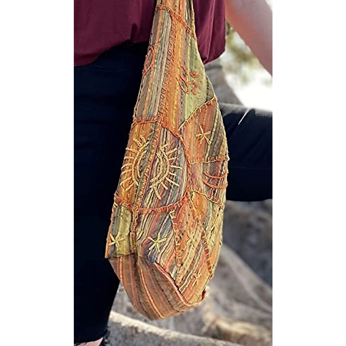 Orange Embroidered Peace and Sunrise Sling Boho Purse Handbag