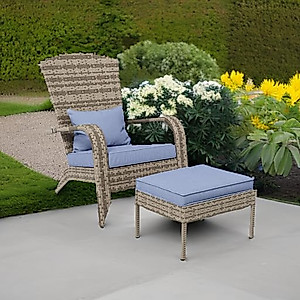 Outsunny Patio Wicker Adirondack Chair with Ottoman, Outdoor Fire Pit Chair with Cushions, High-Back, Large Seat & Armrests for Deck, Garden & Backyard, Gray