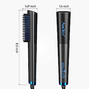 Hair Straightener Brush, AmoVee Ionic Hair Straightener Comb,15s Fast Heating up, 5 Adjustable Temp 285℉-430℉, Auto Temp Lock Straightening Brush for Home Salon, Dual Voltage, Blue