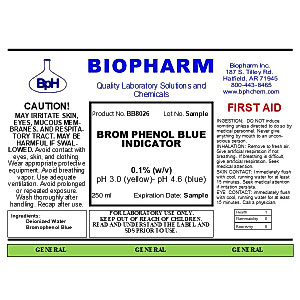 Bromophenol Blue Indicator 0.1% (w/v) Aqueous Solution — 250 mL (8.4 fl oz) — Includes an Empty 50 mL Dropper Bottle and Dispensing Cap — pH 3.0 (Yellow)- pH 4.6 (Blue)