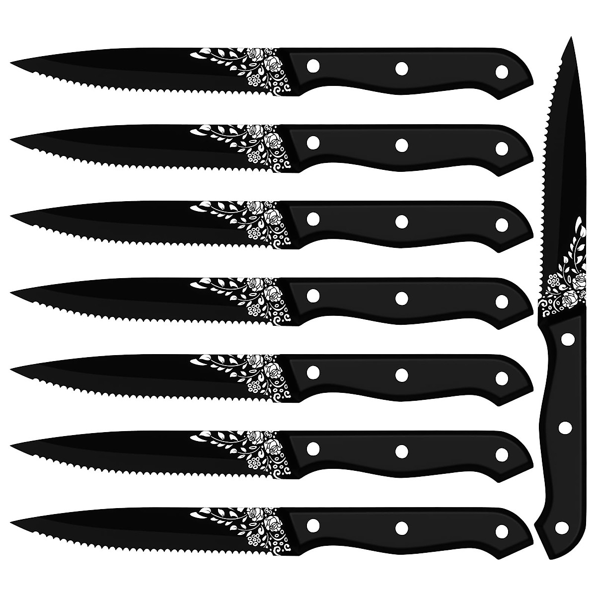 EUIRIO 8-Pieces Steak Knives,Matte Black Steak Knives Set of 8,Stainless Steel Serrated Steak Knives,Full Tang Triple-Riveted Dinner Knives with Laser Pattern,Dishwasher Safe for Kitchen Restaurant