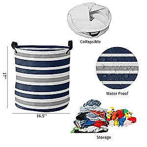 Laundry Basket Striped,Waterproof Collapsible Clothes Hamper Navy Blue Gray and White Stripe,Large Storage Bag for Bedroom Bathroom 16.5x17In