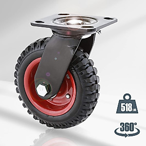 POWERTEC 8 Inch Caster Wheels Set of 4, Heavy Duty Swivel Plate Casters with Rubber Knobby Tread for Workbench, Dolly, Cart, Trolley, Wagon and Chicken Coop, Large Rubber Castor Wheels (17051-P4)