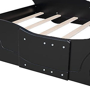 P PURLVE Race Car-Shaped Platform Bed Full with Wheels, Platform Bed Frame with Rails, Wooden Platform Bed for Boy, Girls and Young Teens, No Box Spring Needed (Black)