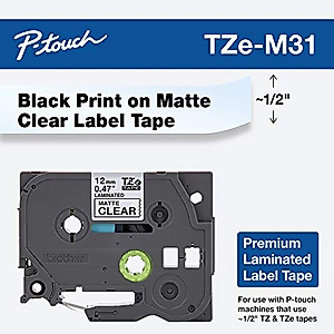 Brother P-touch TZe-M31 Black Print on Premium Matte Clear Laminated Tape 12mm (0.47”) wide x 8m (26.2’) long, TZEM31