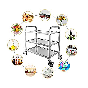 Marada 3 Tier Stainless Steel Utility Cart with Locking Wheels Shelf Kitchen Cart Trolley 37'' L x 19'' W x 37''H Utility Rolling Serving Catering Storage for Kitchen Restaurant Hotels