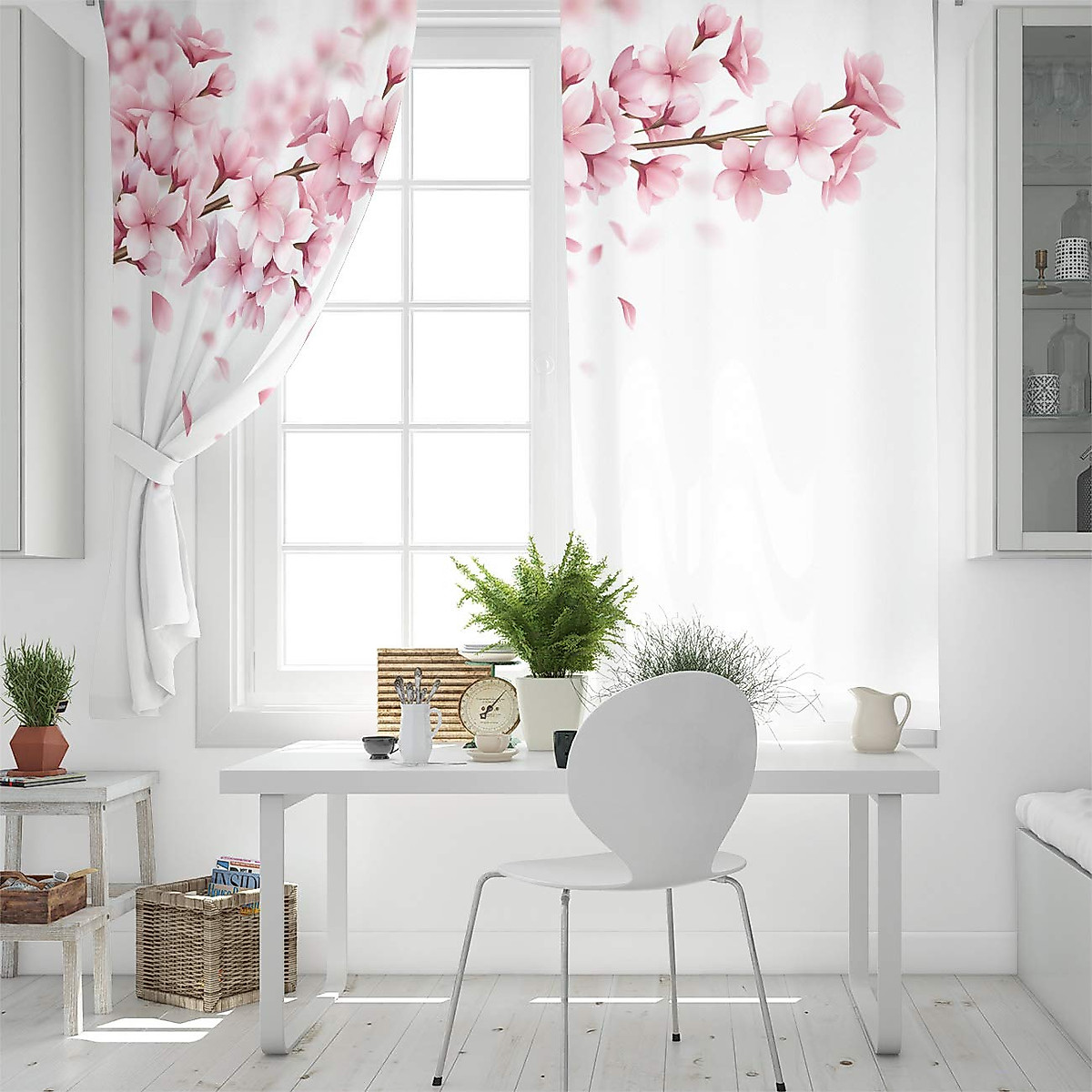 CHARMHOME Grommet Curtain Pink Cherry Blossom with Branches Garden Art Print Window Curtains Draperies for Bedroom and Living Room, Set of 2 Panels, 52 by 63-Inch