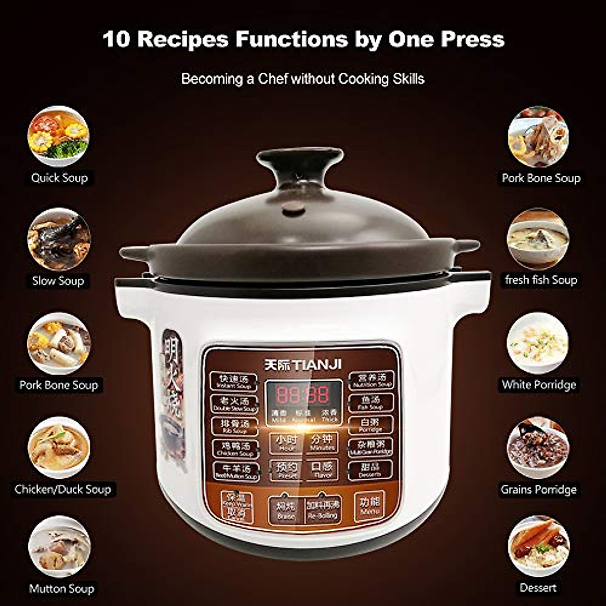 Tianji DGD40-40LD Electric Stew Pot, 4L Full-automatic Slow Cooker, Ceramic Inner Pot, 120V, 600W,3~6 people
