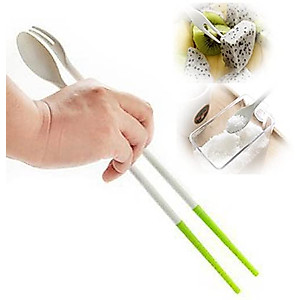 Silicone Cooking Chopsticks with Measuring spoon and fork,Safe Frying,Hot Pot,Seasoning spoon,Measuring spoon,Dessert fork,Fruit fork,Toothpick fork. (Green (tail spoon + fork))