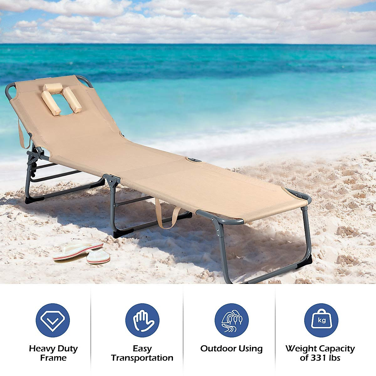 GYMAX Tanning Chair, Beach Lounge Chair with Face Hole, 5 Level Adjustable Backrest, Removable Pillow & Carry Handle, Adult Layout Sunbathing Chair for Outside Beach Poolside Lawn Patio (1, Sand)