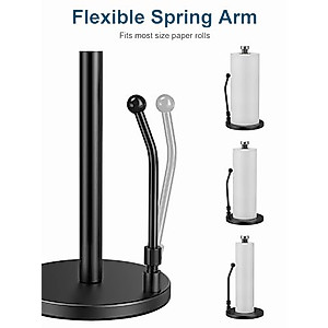 SMARTAKE Paper Towel Holder, Paper Towel Dispenser Standing Weighted Base Non Slip, Spring Arm Fit Most Size Paper Roll, Stainless Steel Paper Towel Holder for Home Kitchen Countertop Tabletop, Black