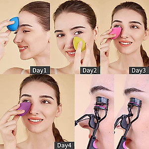 IYOCHO 1 pcs painless metal eyelash curler with 6 replaceable silicone pads, with 4 pcs makeup sponges beauty sponge blenders with 4 colors (1 eyelash curler+ 4 sponges+ 6 silicone pads)
