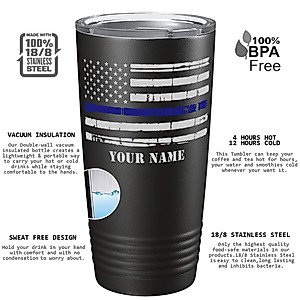 Personalized Distressed Thin Blue Line Flag Police Officer on Black 20 oz Tumbler with Lid - Law Enforcement Gift - Insulated Cup - Travel Mug
